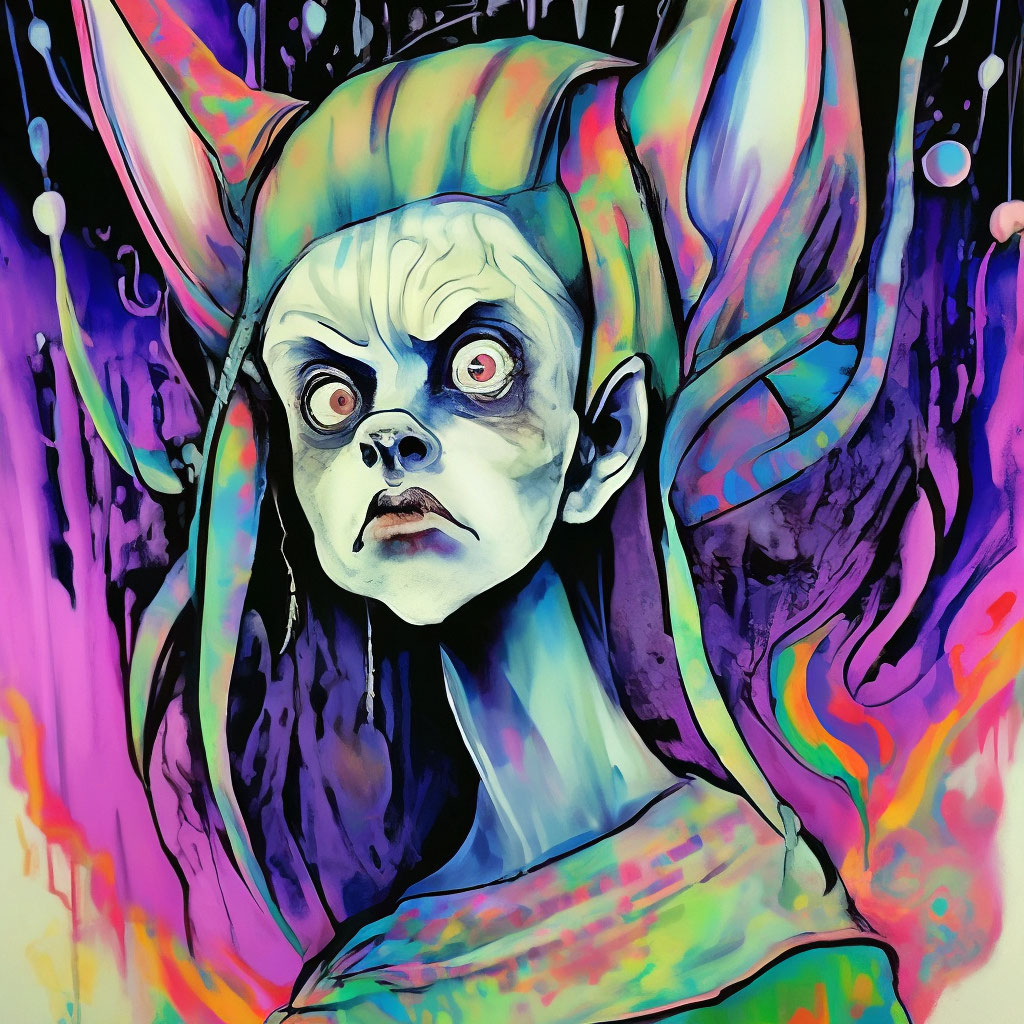 "Psychedelic, hallucination a dwarf woman with long pointed ears, a ...