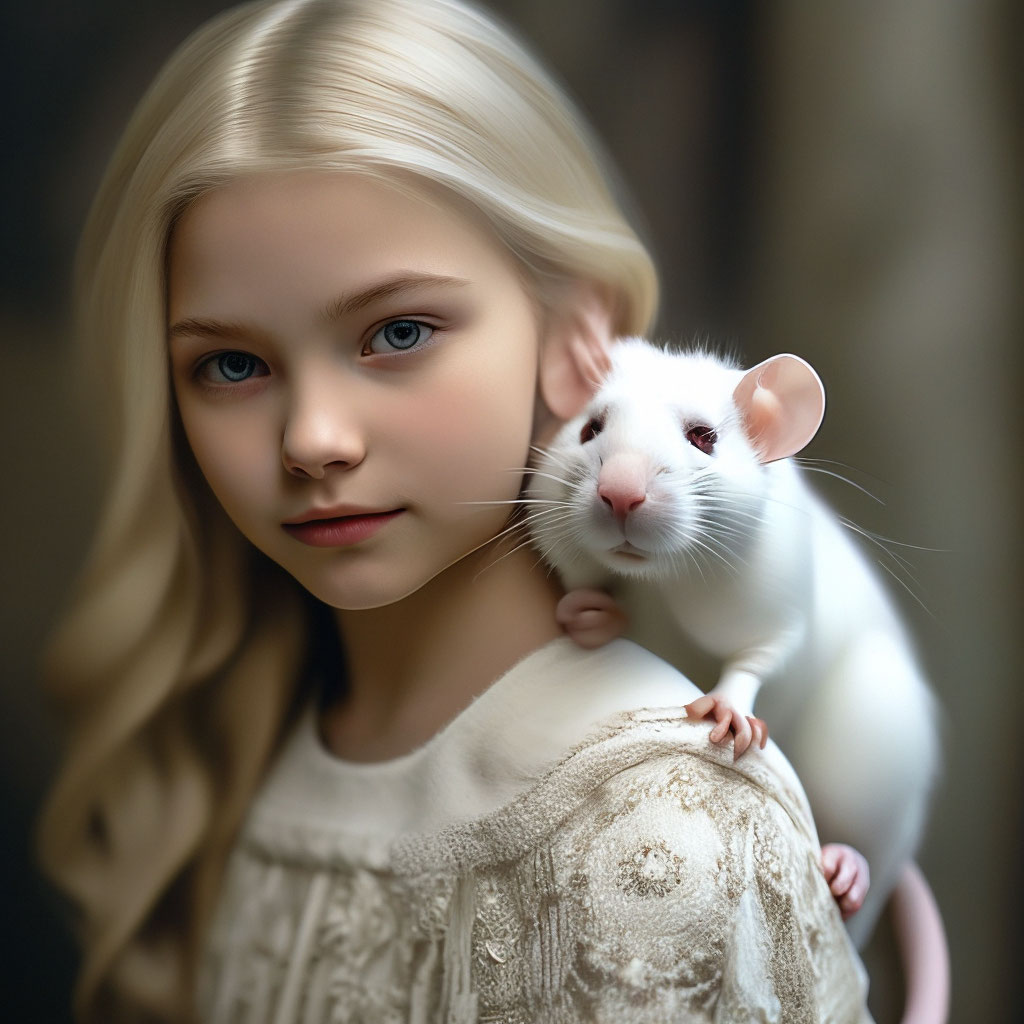 "Mimic white rat on a girl's shoulder, high detail, professional photo ...