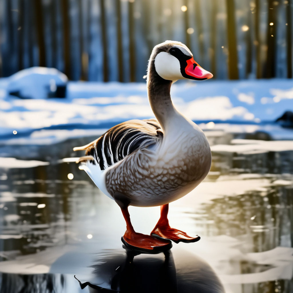 "Sunny winter day, snow falling, goose's foot on ice, original fantasy ...