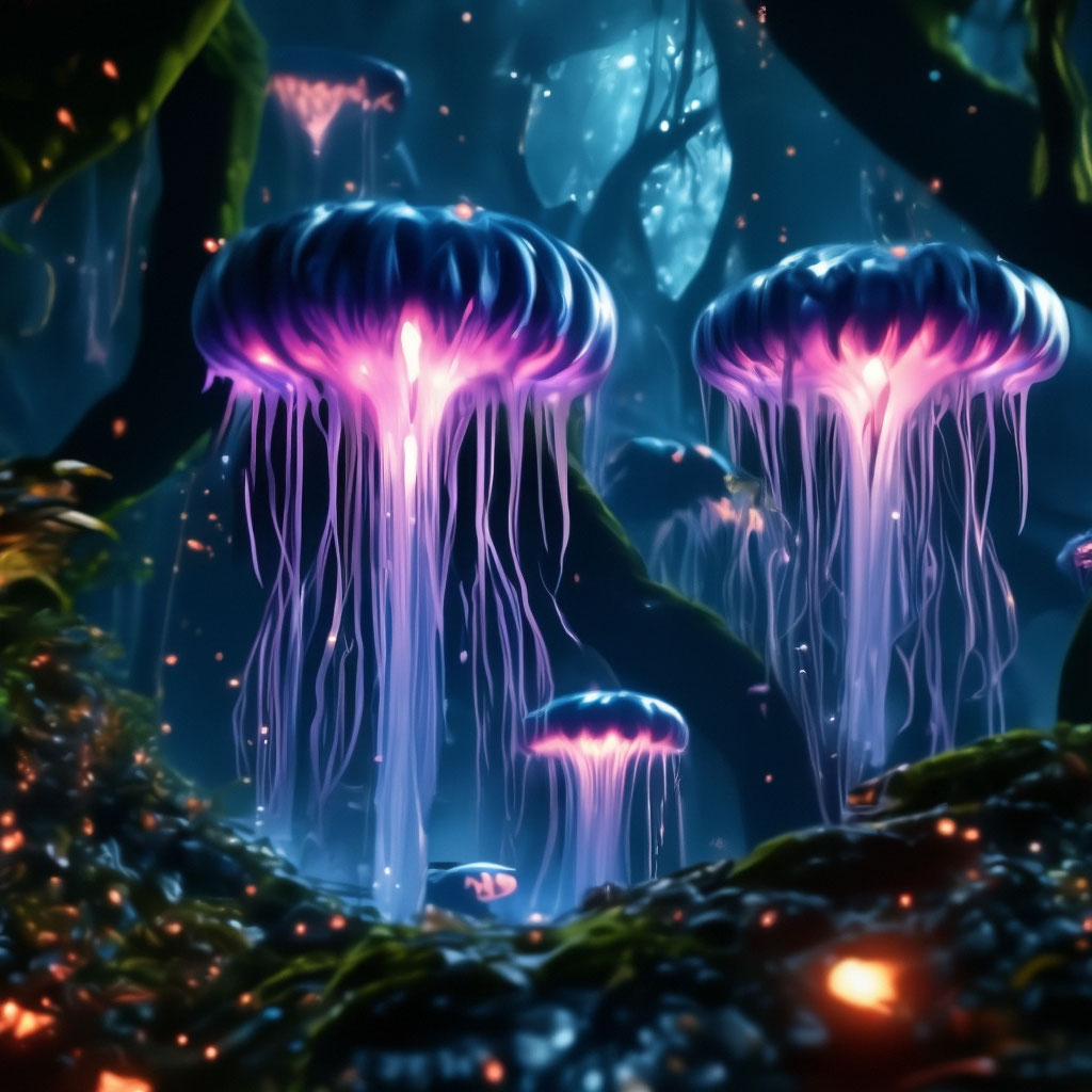 "Wonderful night forest of Pandora, on the planet of avatars, fireflies ...