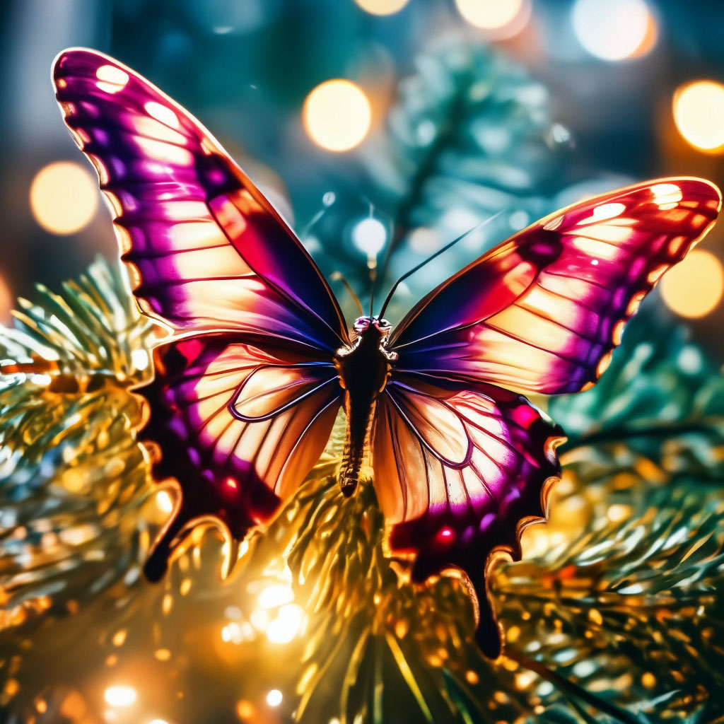 "Butterfly with bright colors on a Christmas tree, voluminous, back ...