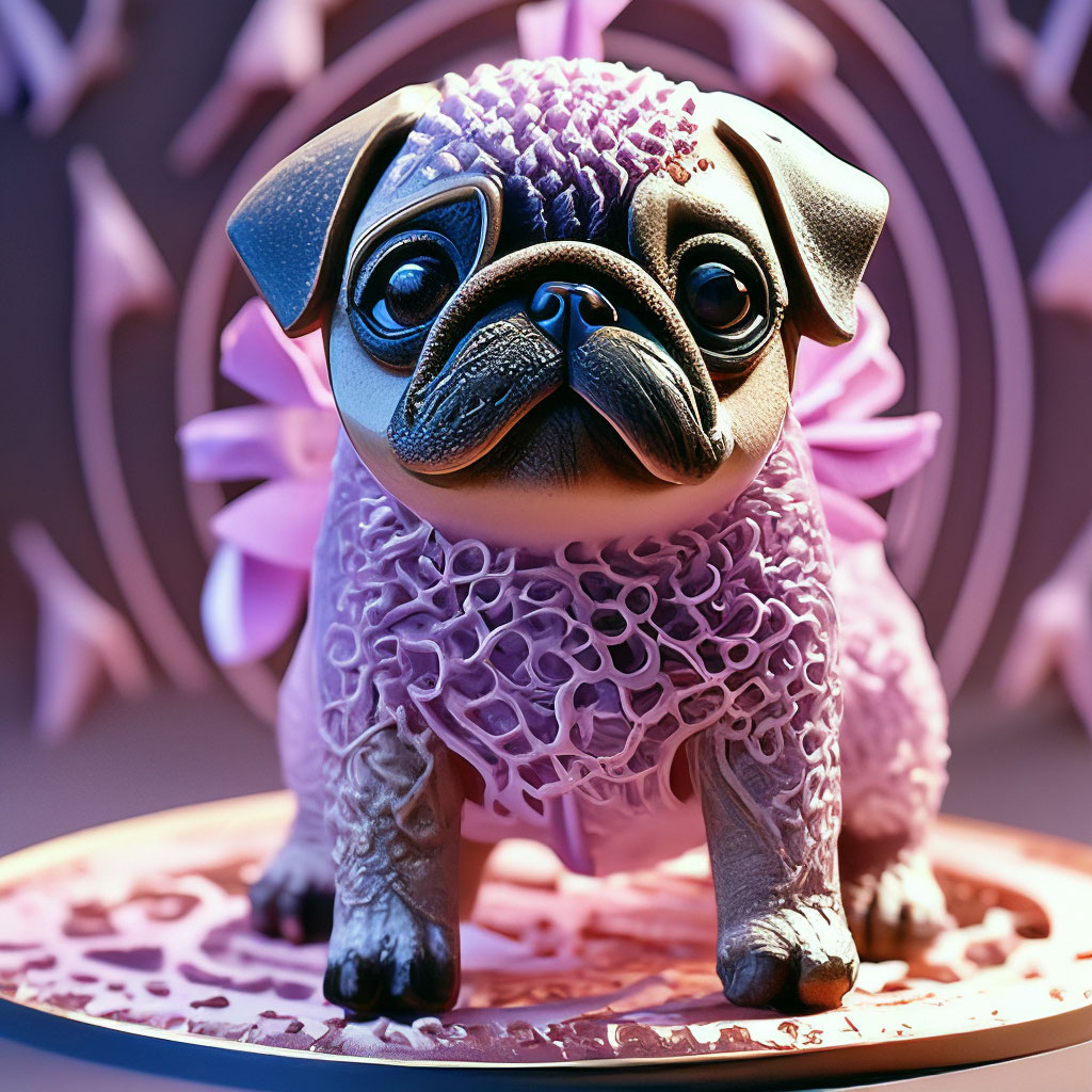 "Funny cute pug with plump legs, it stands on a crystal circle, soft ...