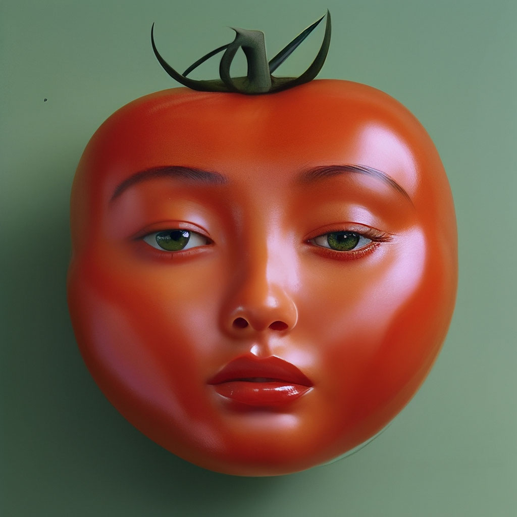 "Tomato with a female face" — image created in Shedevrum