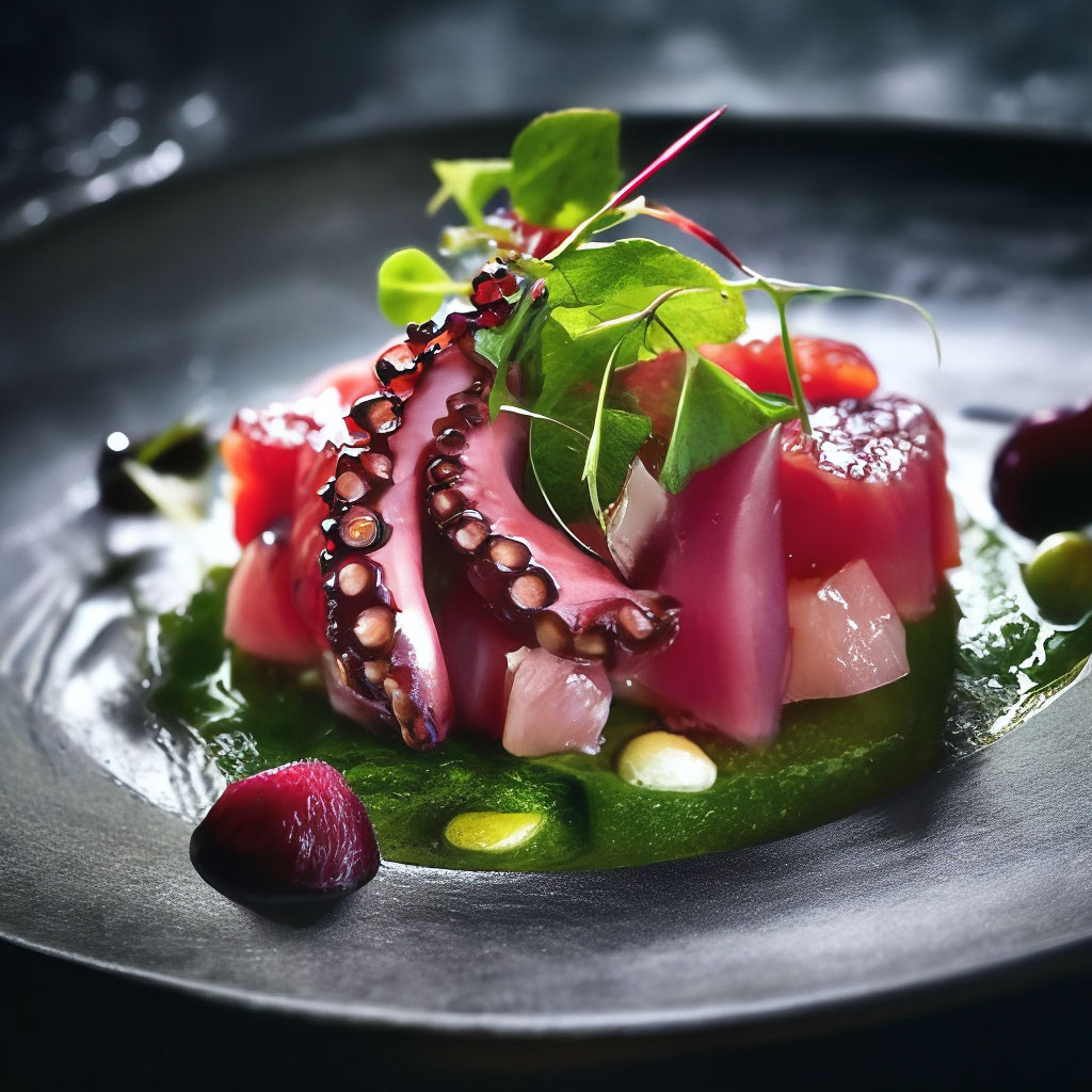 "Octopus, tuna and red fish tartare" — image created in Shedevrum