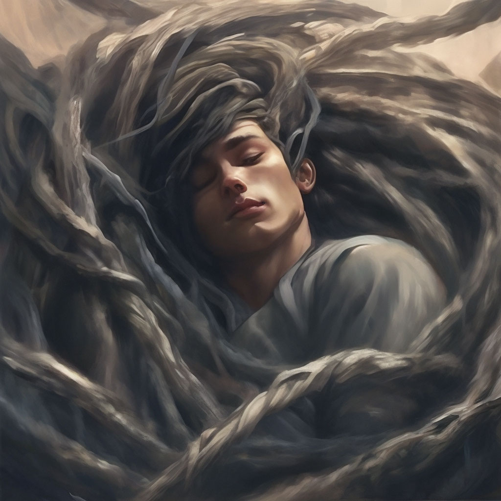 "The guy got tangled in his hair" — image created in Shedevrum