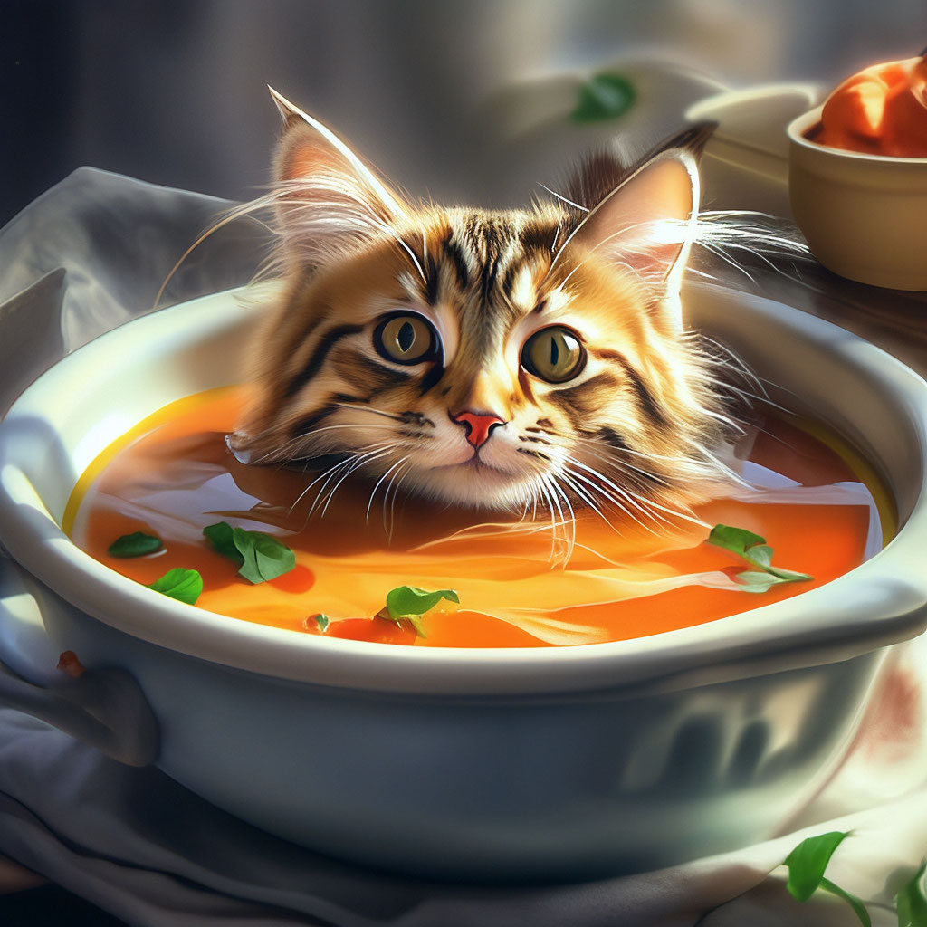 "Soup with a cat, real photo, a cat bathing in soup" — image created in ...
