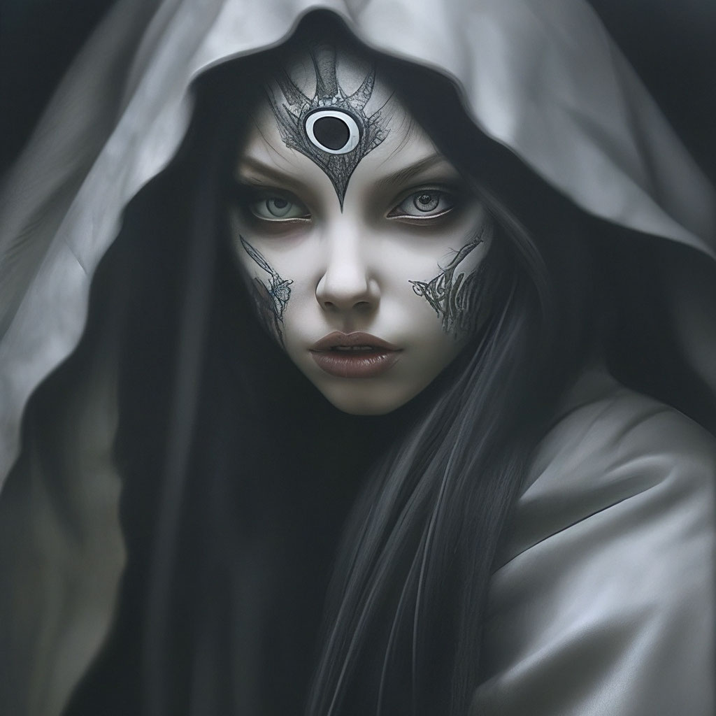"Hyperrealism, a girl's third eye on her forehead is human, veil ...