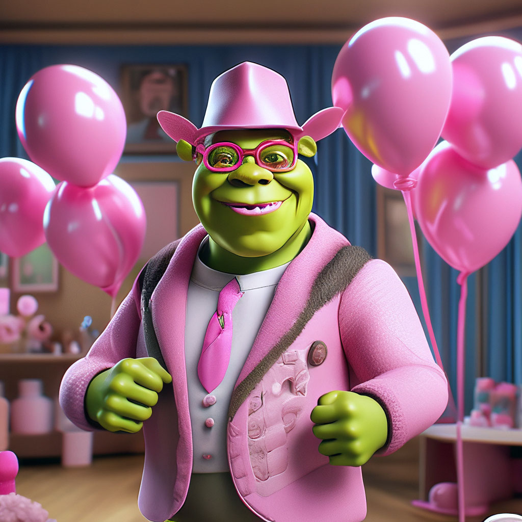 "Shrek in a pink suit, pink hat,big pink glasses,lips painted with pink ...