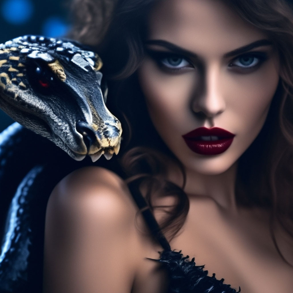 "Incredibly beautiful vicious girl in a kiss snake,head in mouth, red ...