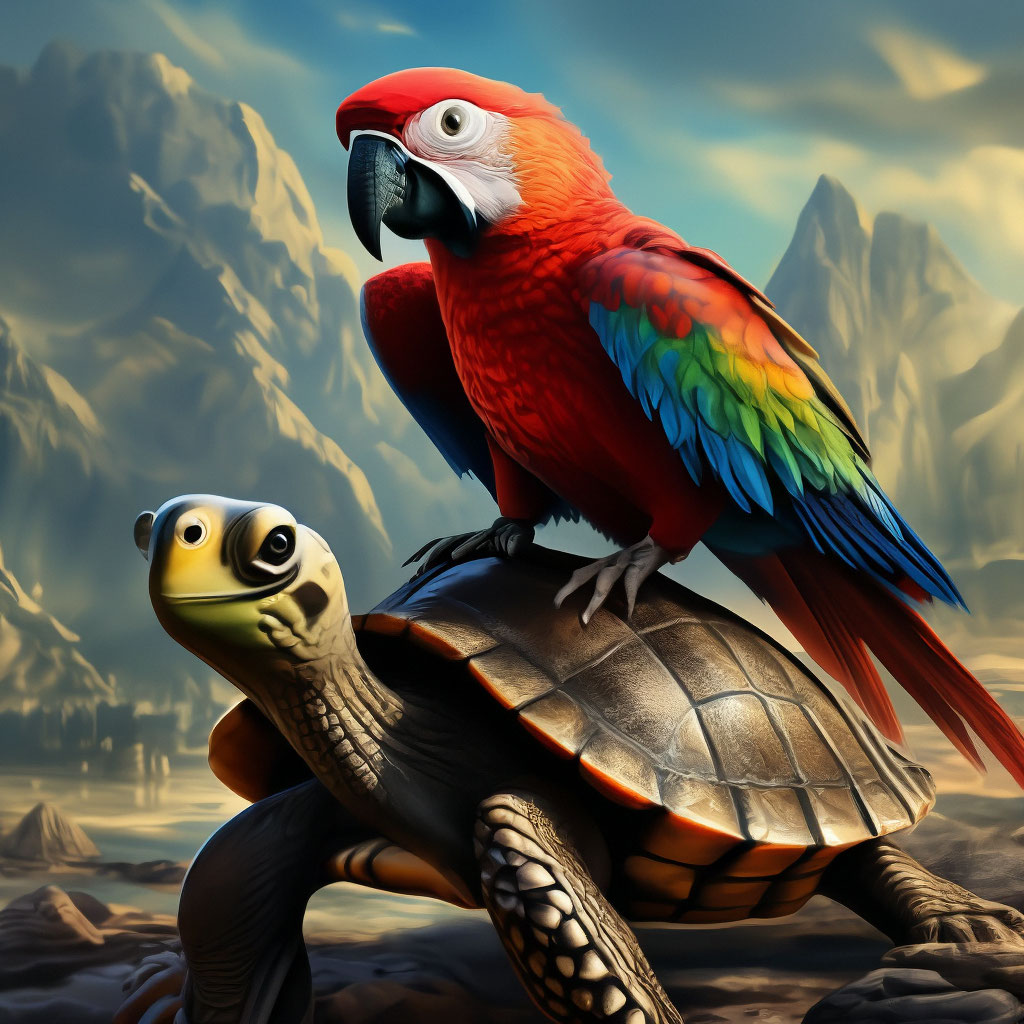 "A parrot rides a turtle" — image created in Shedevrum