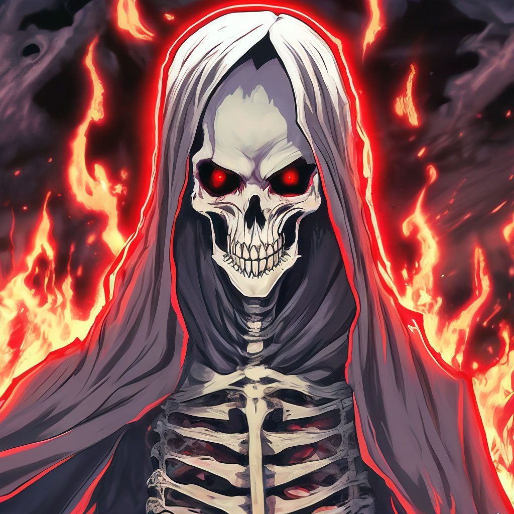 "The grim reaper as a human skeleton, anime style, with blazing red eye ...