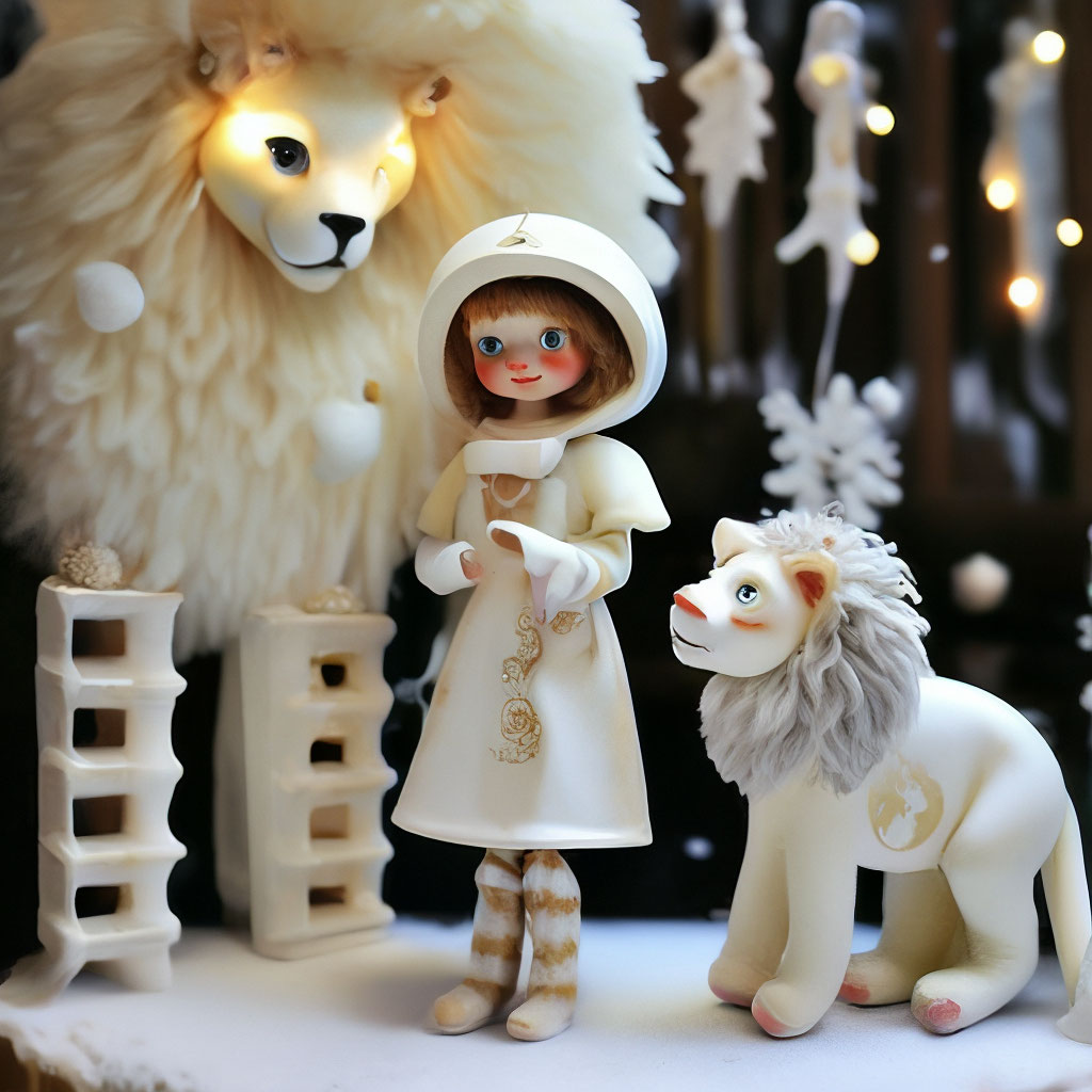 "Puppet theater , porcelain doll coherently girl, white lion, snow ...