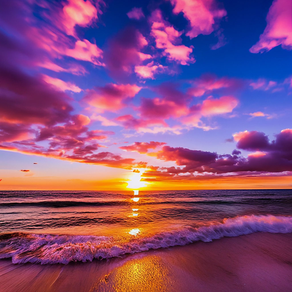 "The picture shows a beautiful sunset over the ocean. The sky is ...