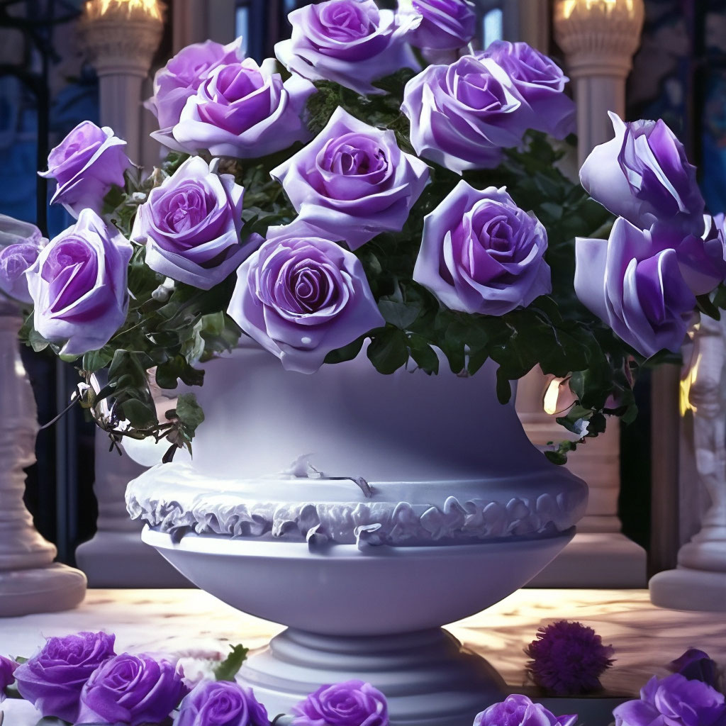 "5d, powerful color,a huge white pot, lush thick purple roses grow in ...