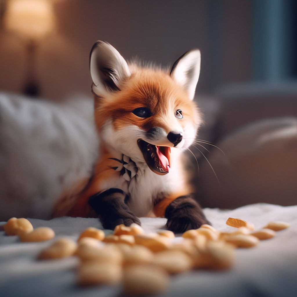 "Hyperrealistic image,a fox cub eats crackers , aesthetically pleasing ...
