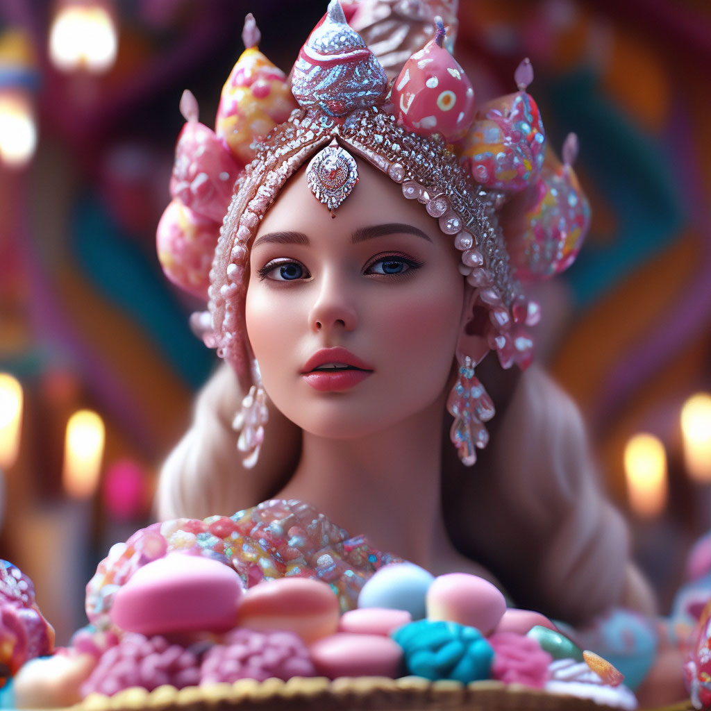 "Queen of sweets 🍬🍡🍭🍩🎂, aesthetically pleasing, beautiful, realistic ...