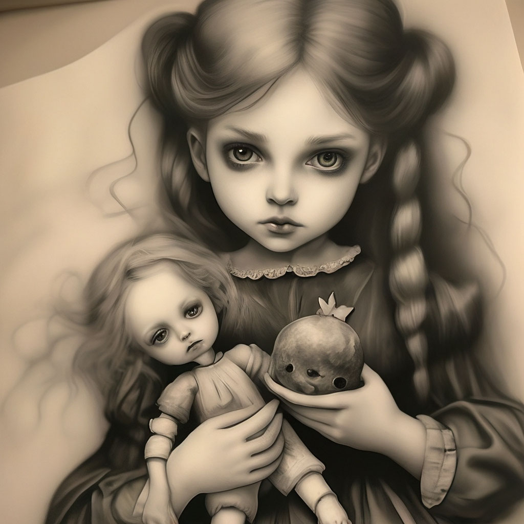 "A beautiful girl holds in her hands a creepy doll Annabel, ink drawing ...