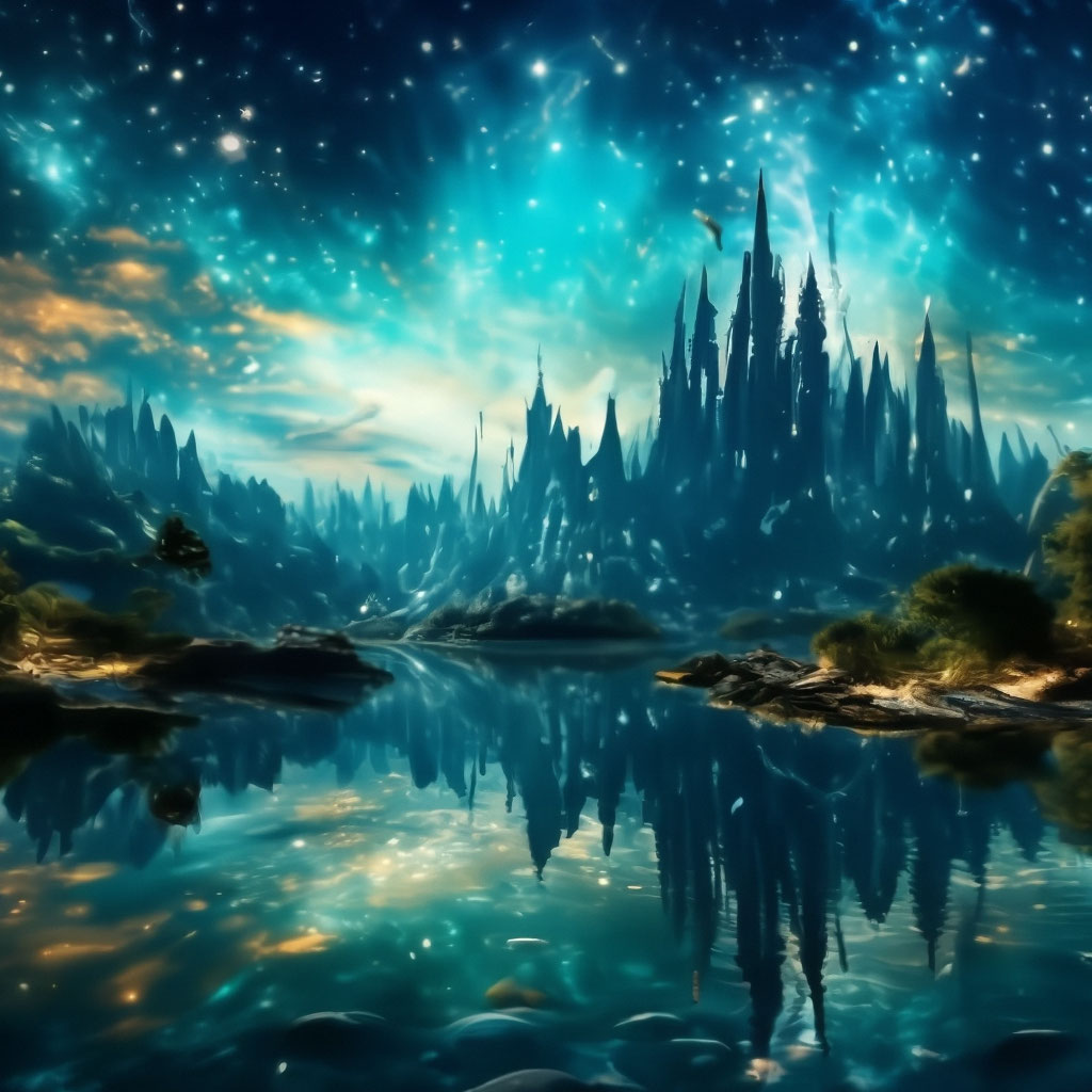 "Fantasy world in turquoise colours and tones, nebula, northern lights ...