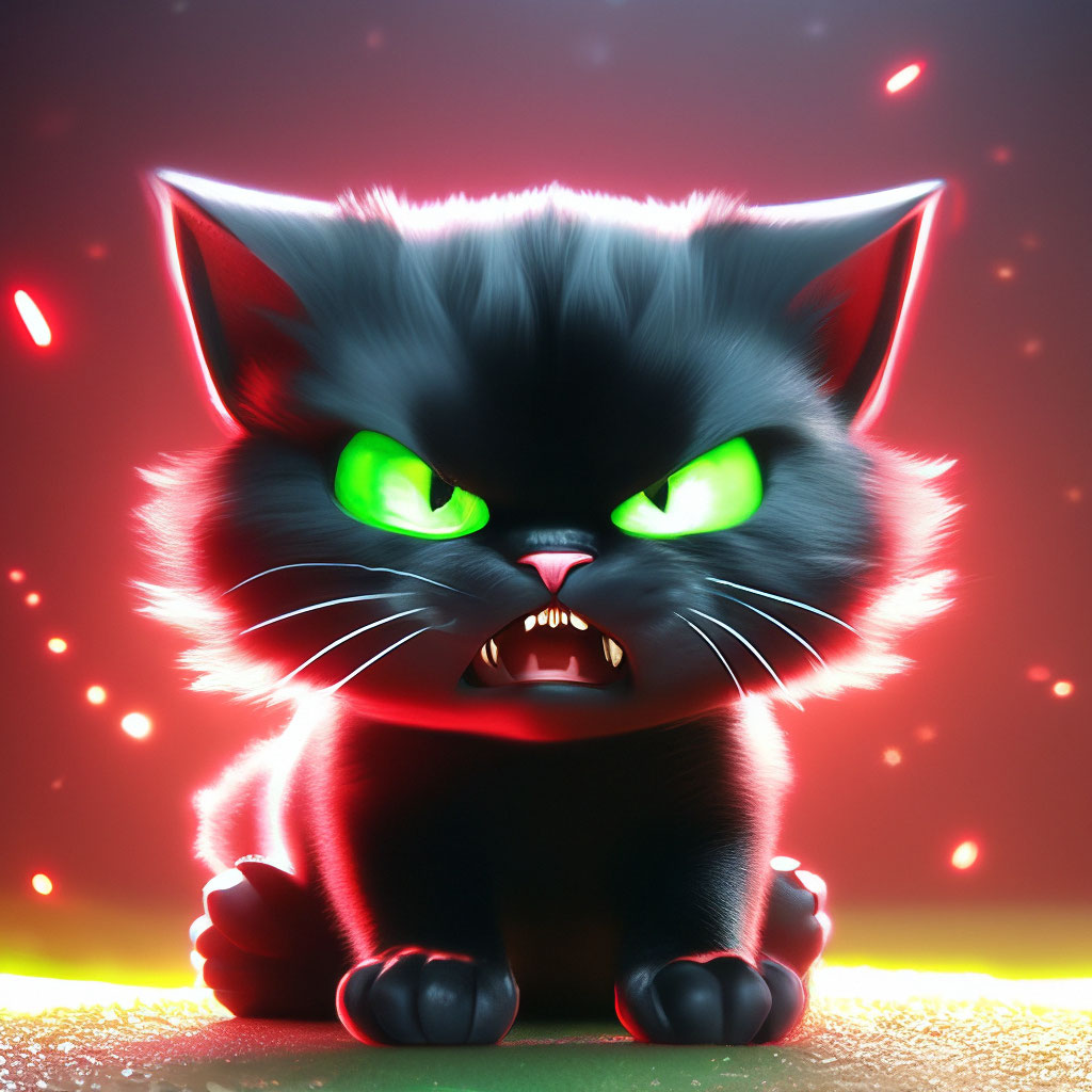 "Angry cute black kitten, green eyes, in red lighting, 3d cartoon ...