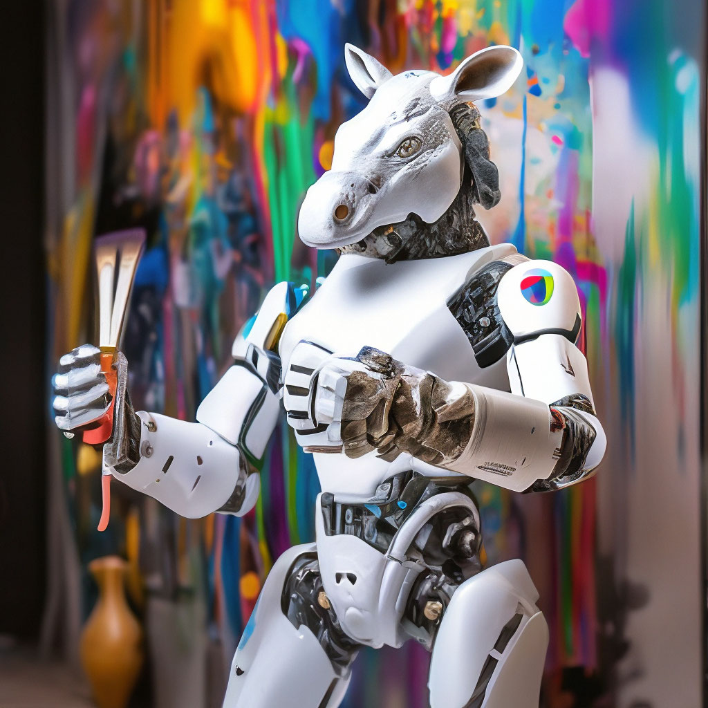 "On a white robot + android anthropomorphic humanized rhinoceros ...