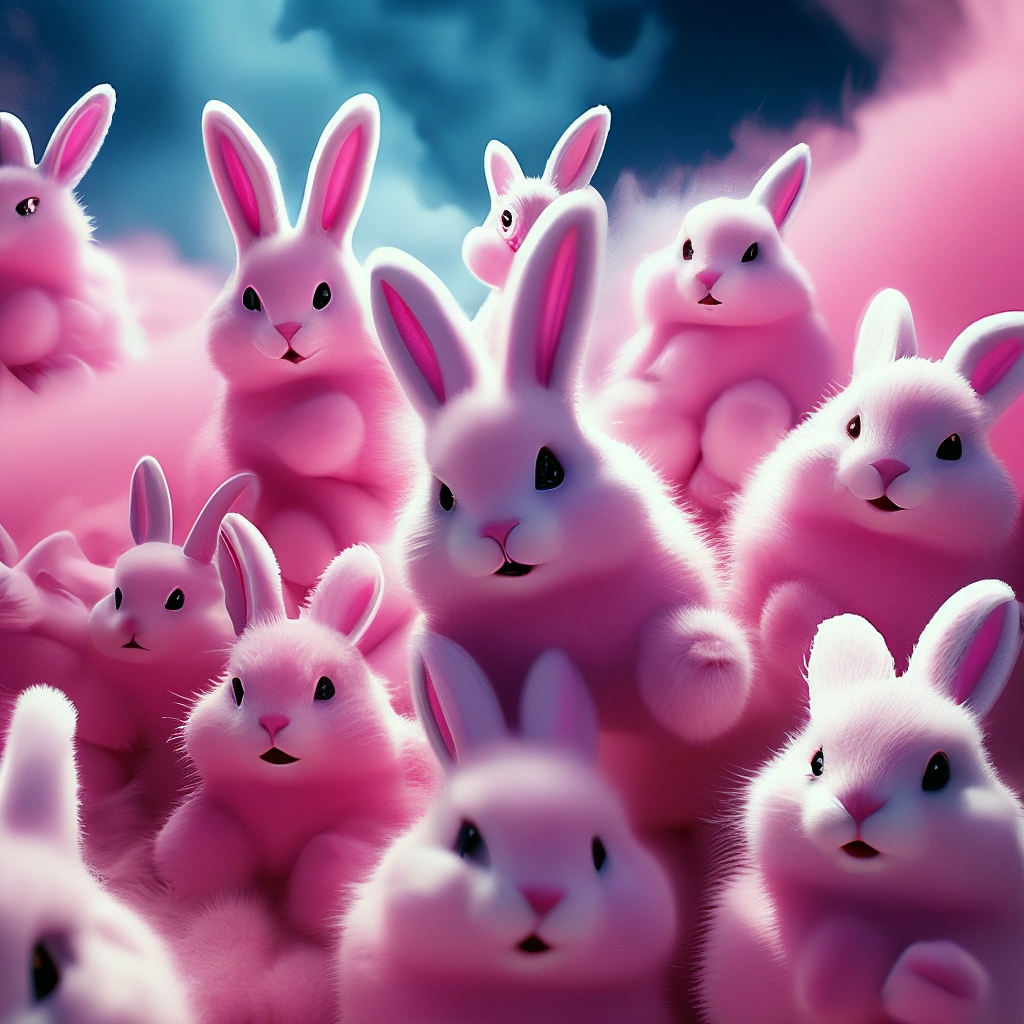 "Tornado whirlwind of many cartoon pink cute fluffy rabbits, rabbits ...