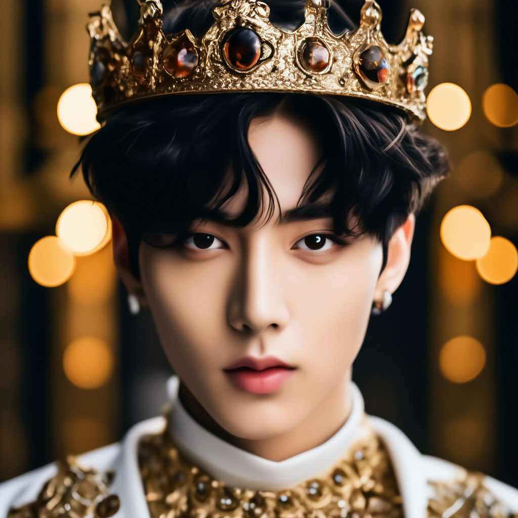 "Idol k-pop the king of the world in a crown, big beautiful eyes, dark ...