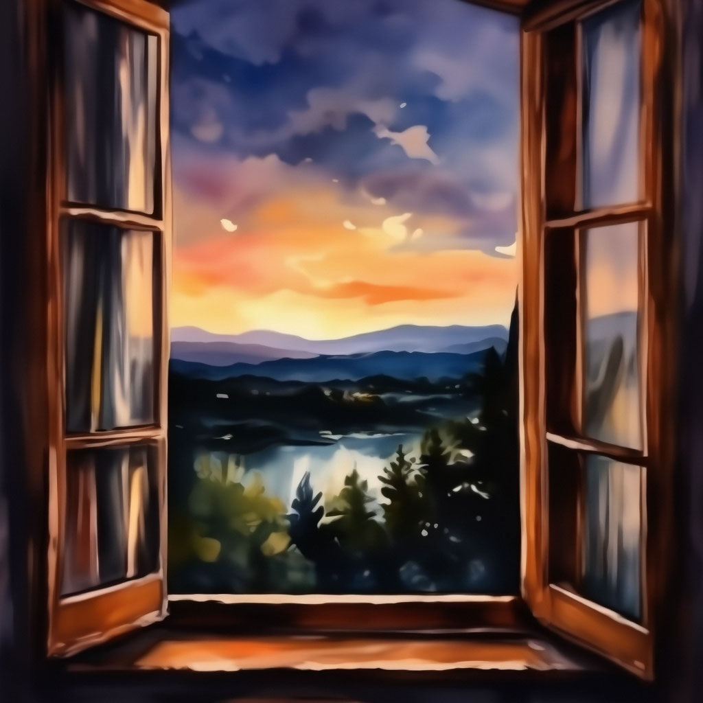 "View of the window in the evening, nature and sky , watercolor, pastel ...