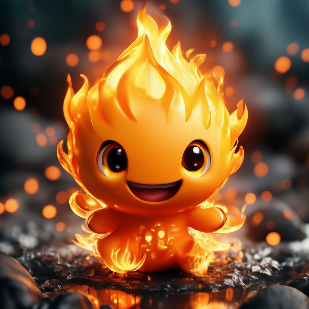 "Make an art of a cute character of a small flame in the shape of a ...