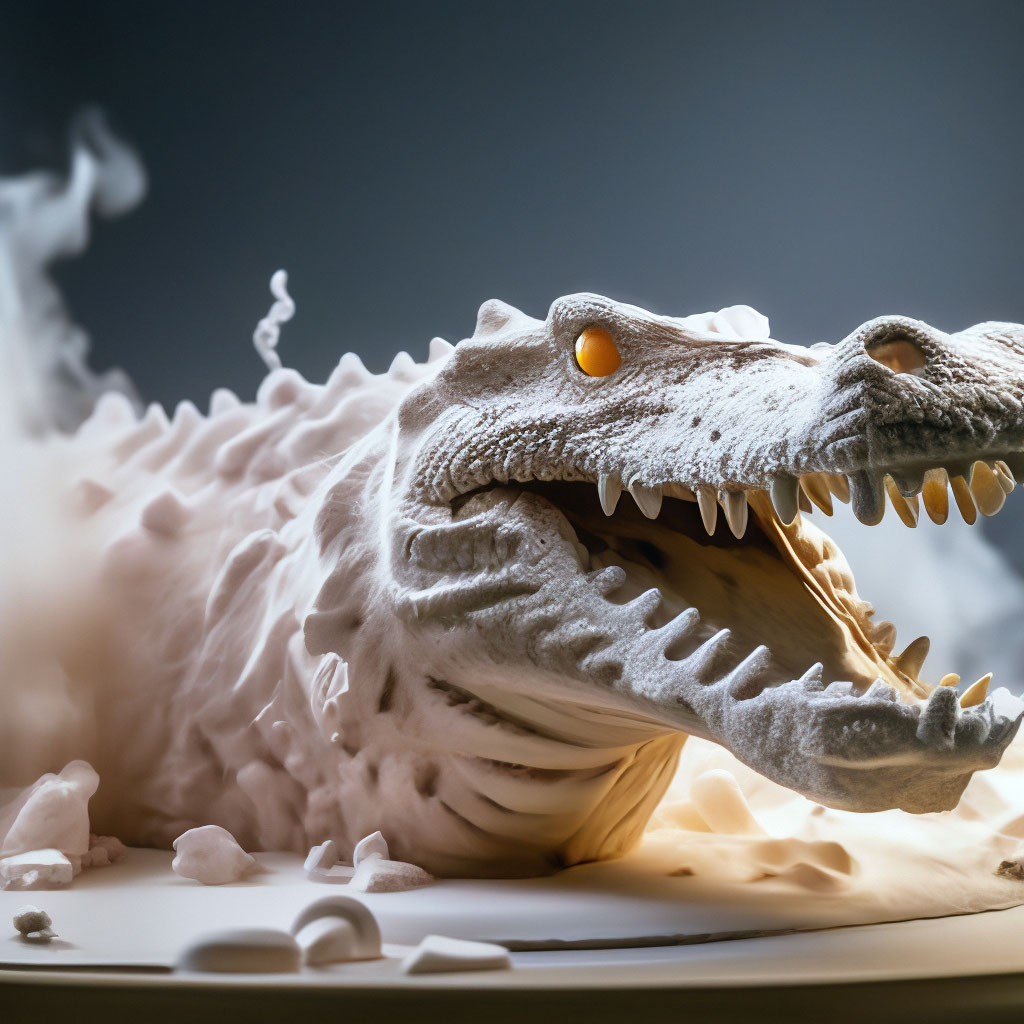 "Crocodile carved from chalk, melt, bubble, spread, bend, evaporate, a ...