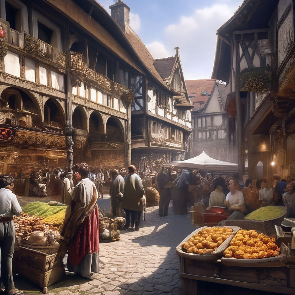 "Market, Middle Ages, photorealism, 16k" — image created in Shedevrum
