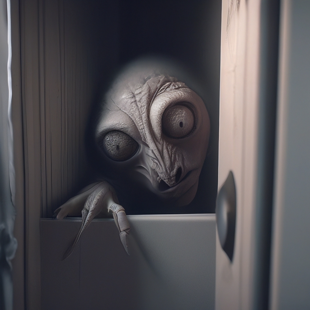 "Creepy creature, without eyes, peeks out of the closet,4k,realistic ...