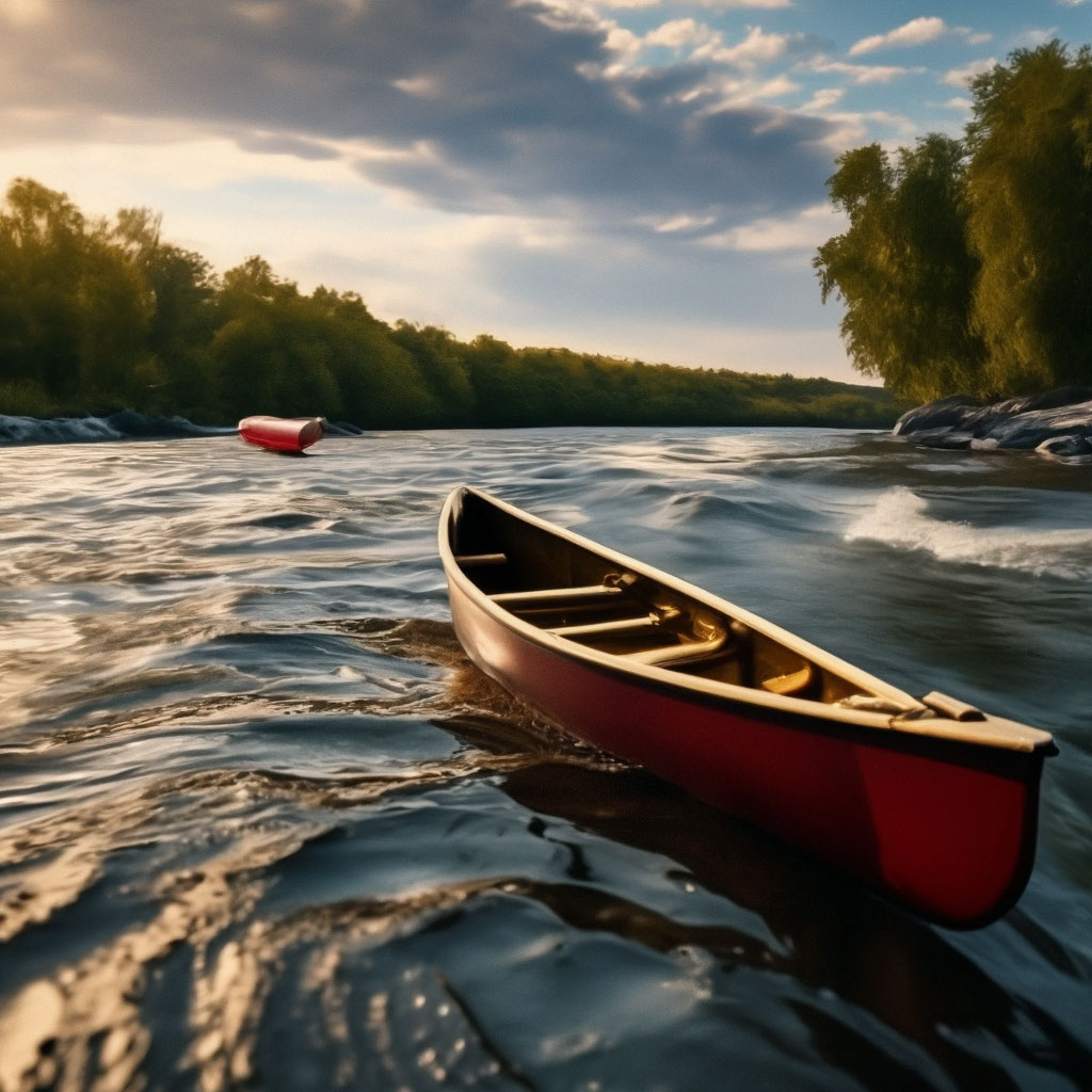 "Painted canoes float out from behind the island in the middle of a ...