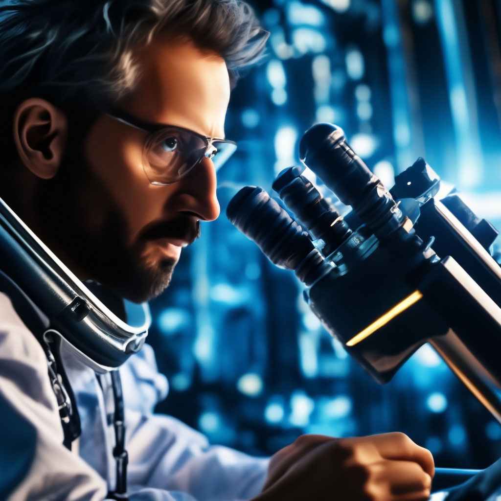 "A scientist looks at something in a space electron microscope ...