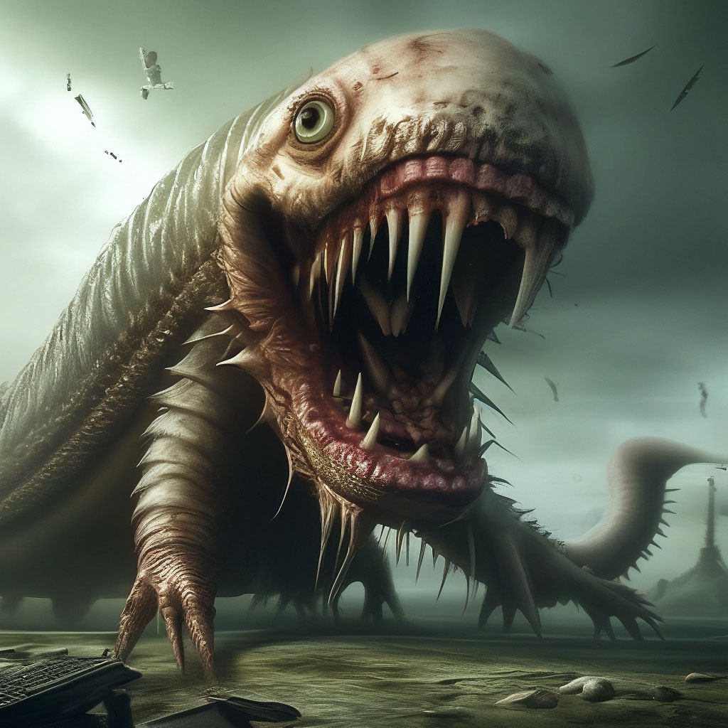 "A huge horrible worm with sharp teeth" — image created in Shedevrum