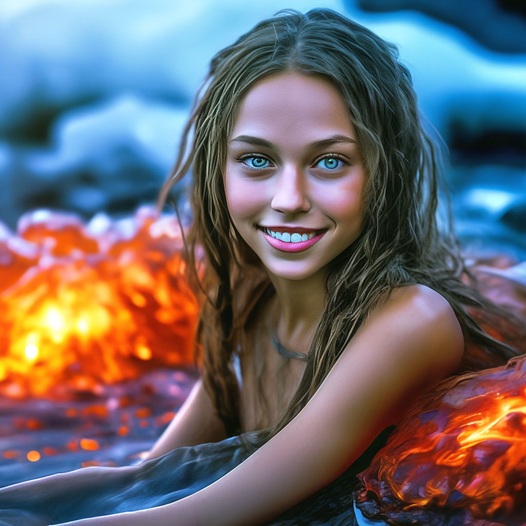 "Photorealism, unearthly miracle alien girl, at sea, tans and bathes in ...