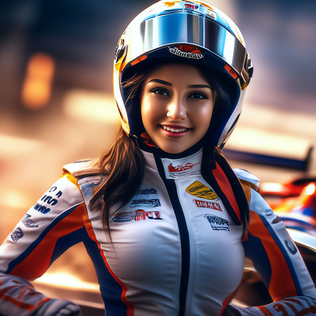 "Beautiful girl in a formula 1 racer costume, against the background of ...