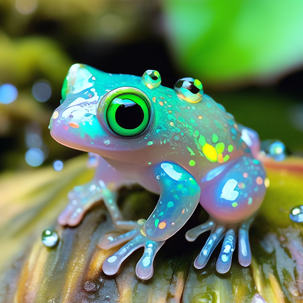 "🌺🌺🌺🌺🌺 artshedevr, a small round opal frog, huge green eyes, very ...