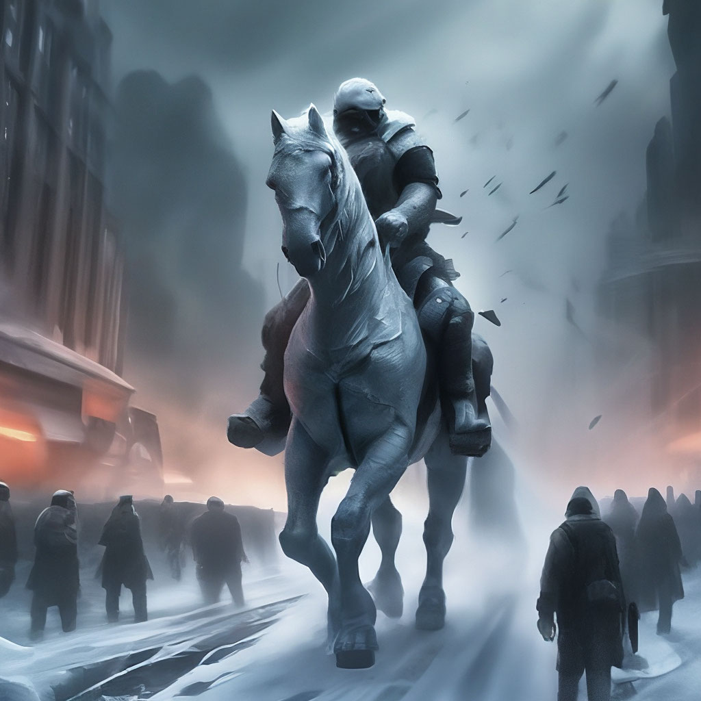 "Horseman of the apocalypse space blizzard cold city people in ice ...