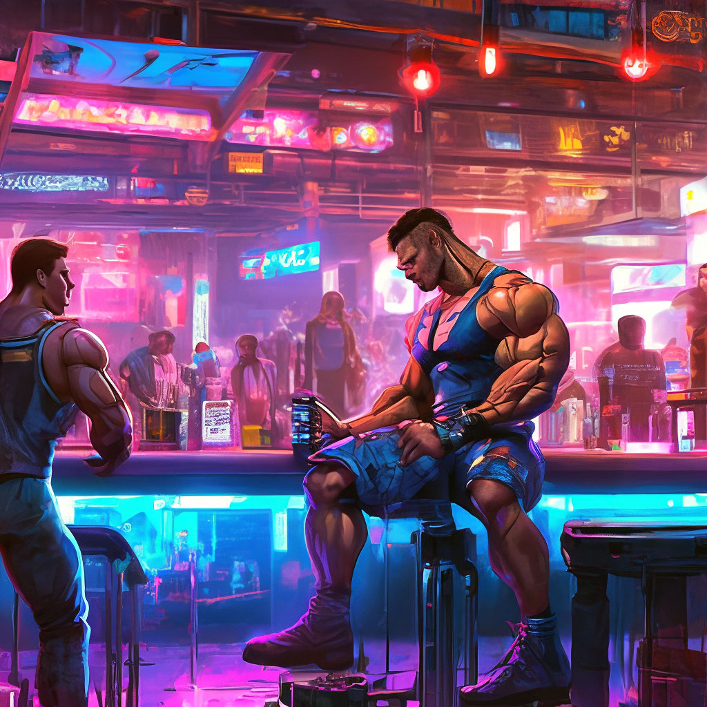 "Cyberpunk 2077 male v bodybuilder, bright lighting in the bar" — image ...