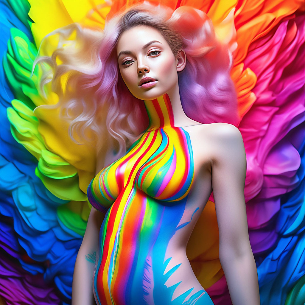 "Surrealism, girl, body art in the style of a bright rainbow,full-length, professional photo ...