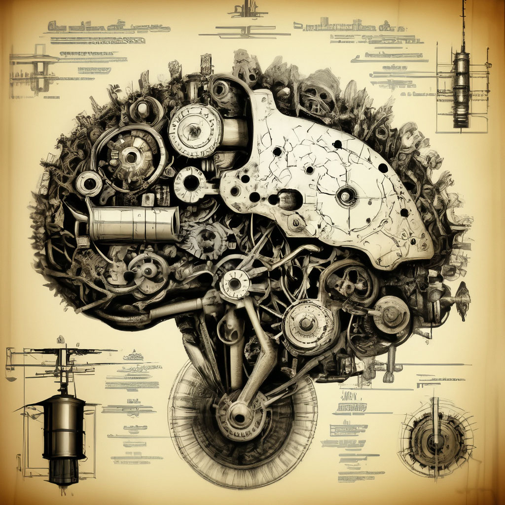 "Patent drawing on white paper: mechanical human brain, internal ...