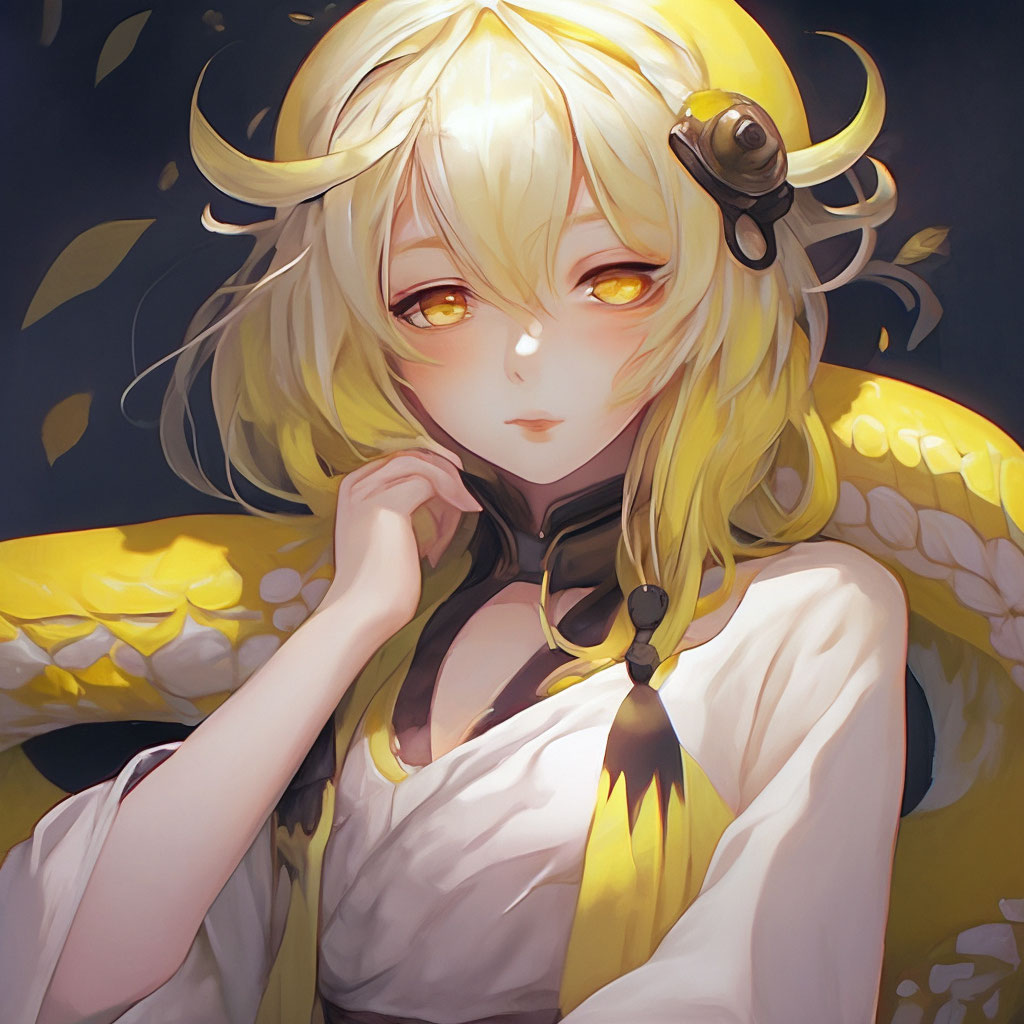 "Anime girl in the form of a snake, tired look, pale skin, pale yellow ...