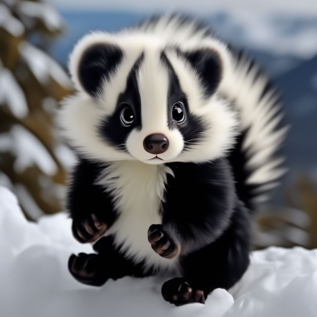"Realistic amazing tiny fluffy baby skunk, milaha, nyashka, sledding ...