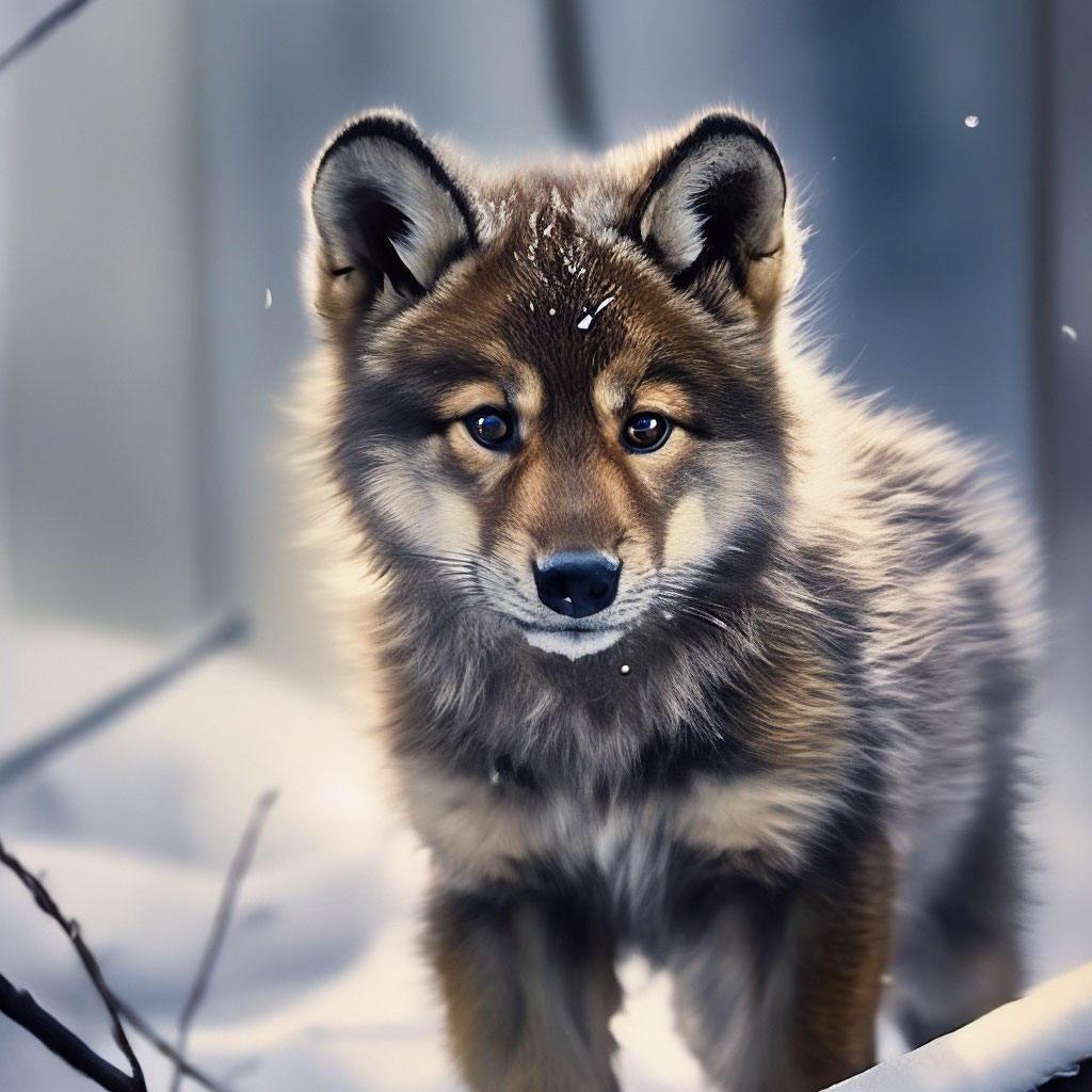 "Cute fluffy wolf cub in the winter forest" — image created in Shedevrum
