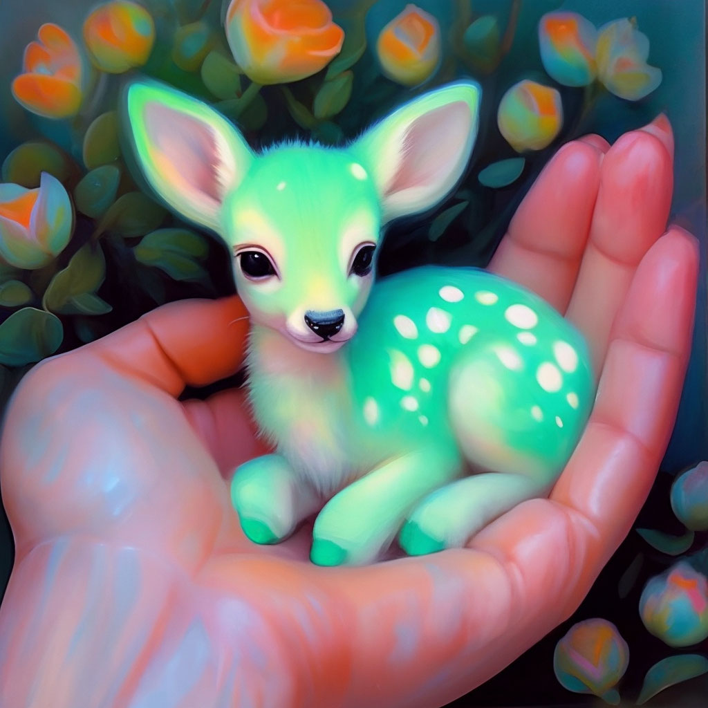 "A fluffy fawn the color of mint opal in your hand" — image created in ...