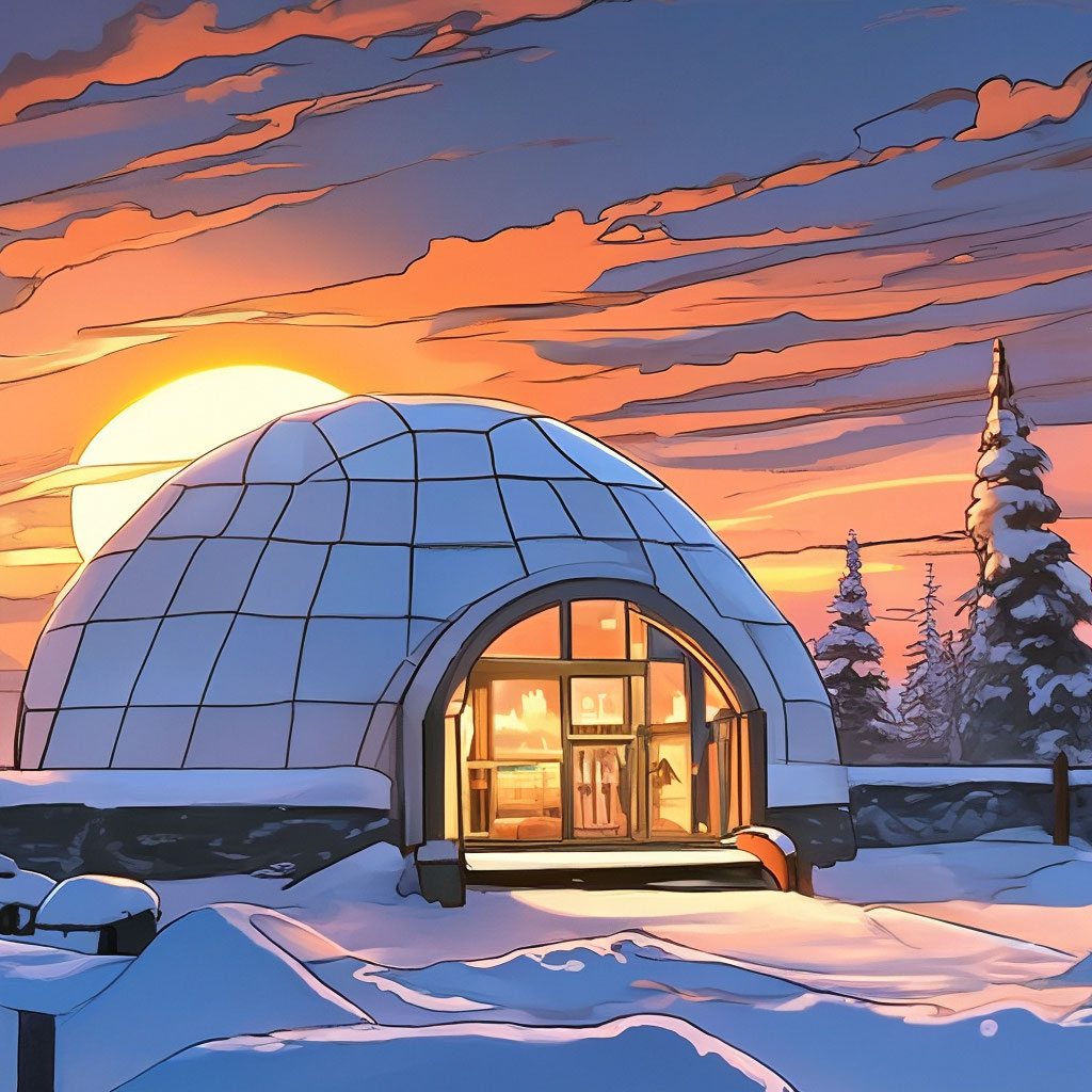 "⬛igloo at sunset, detailed drawing, retro drawing, comic style ...