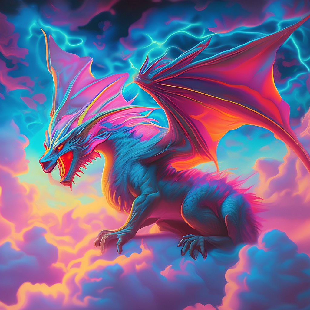 "Dragon in the clouds, realistic, art in neon" — image created in Shedevrum