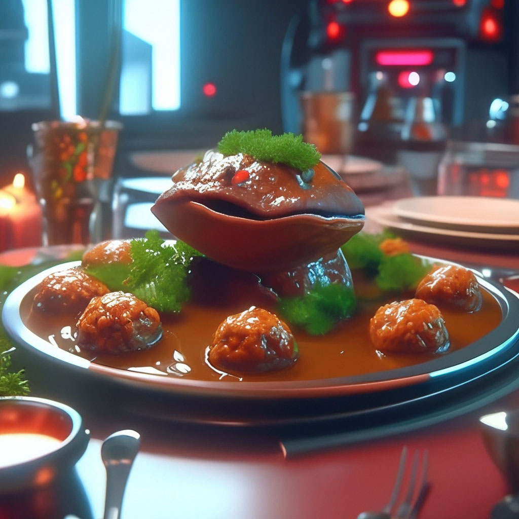 "Meatballs with frog and gravy are on the table, realistic, 4k, high ...