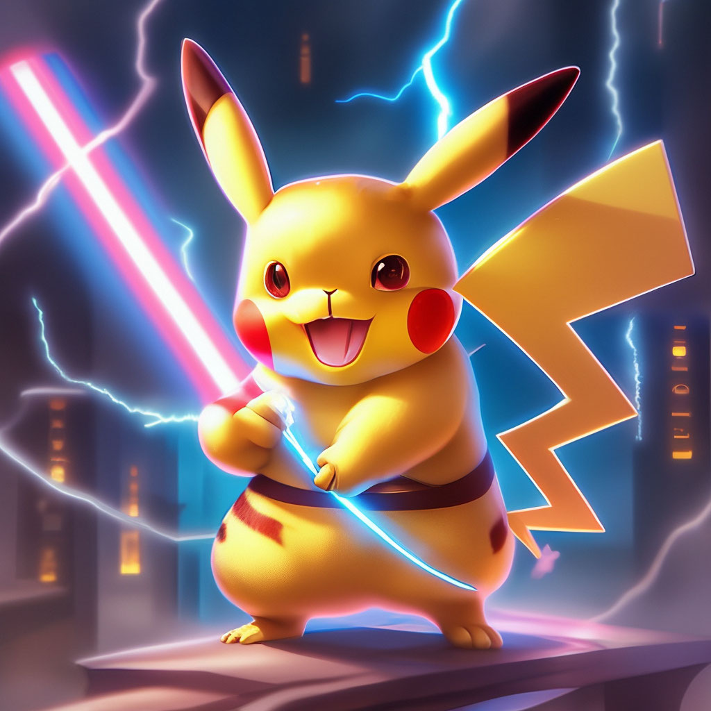 "Pikachu holds a lightsaber that is charged by his electricity" — image ...