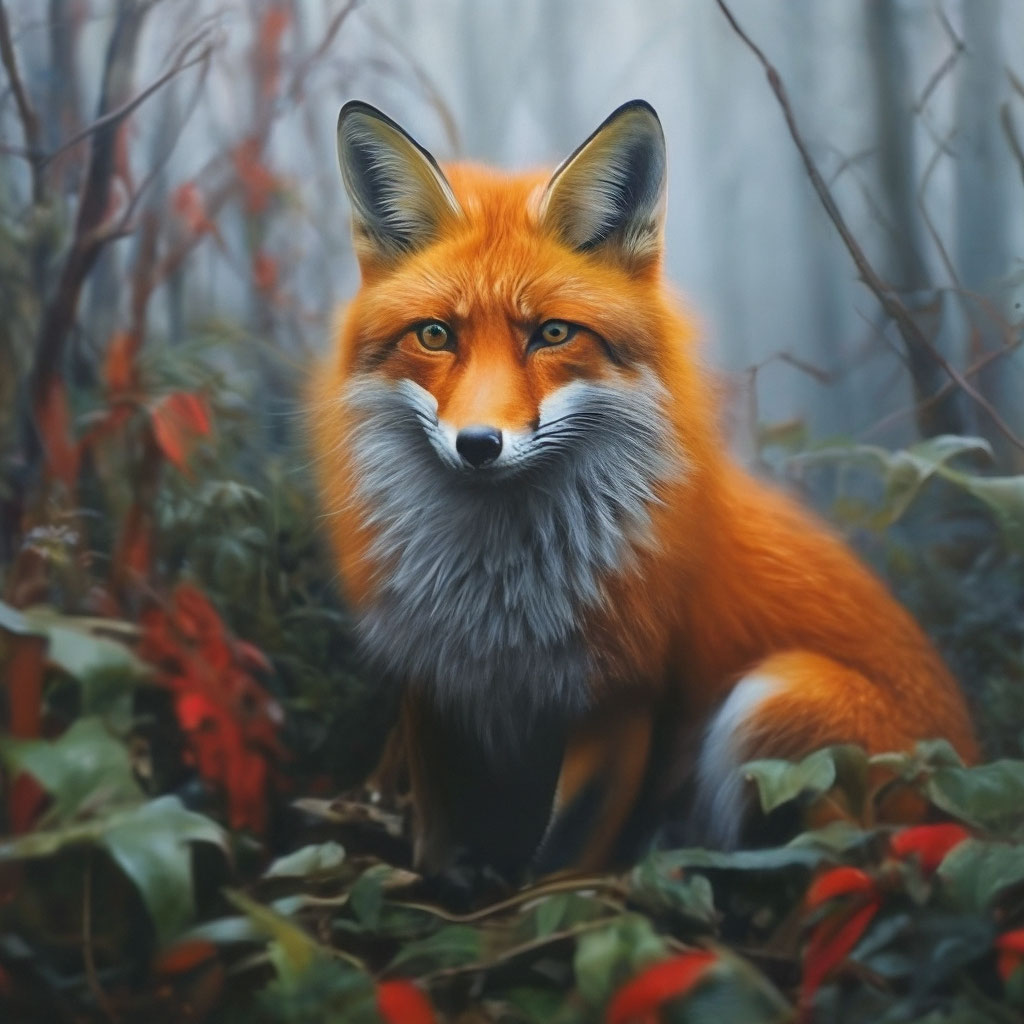 "Dark forest thicket, fog, a red fox is sitting in the bushes, high ...